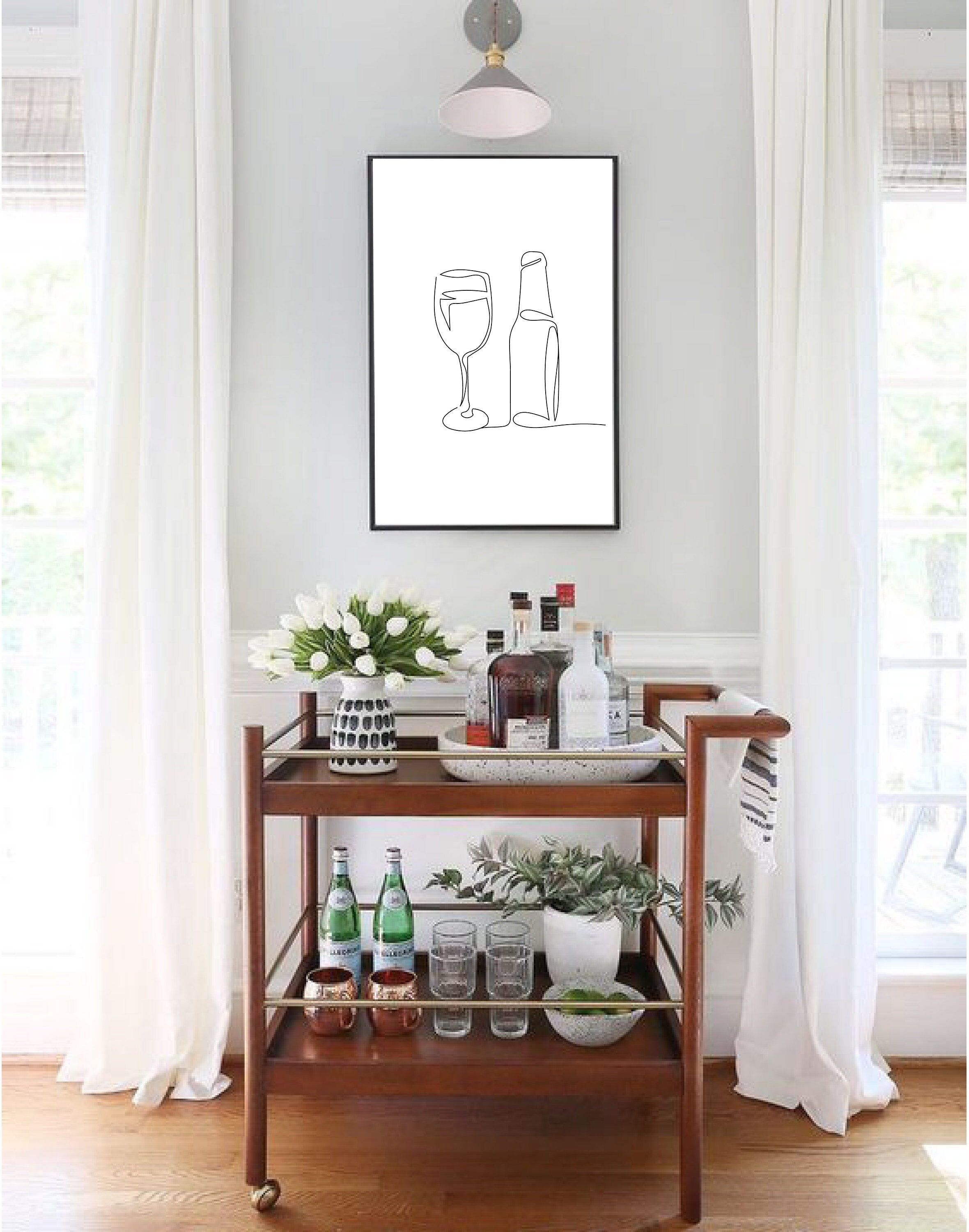 Minimal Beer and Wine Drawing, Bar Cart, Bar Cart Drawing, Bar Cart ...