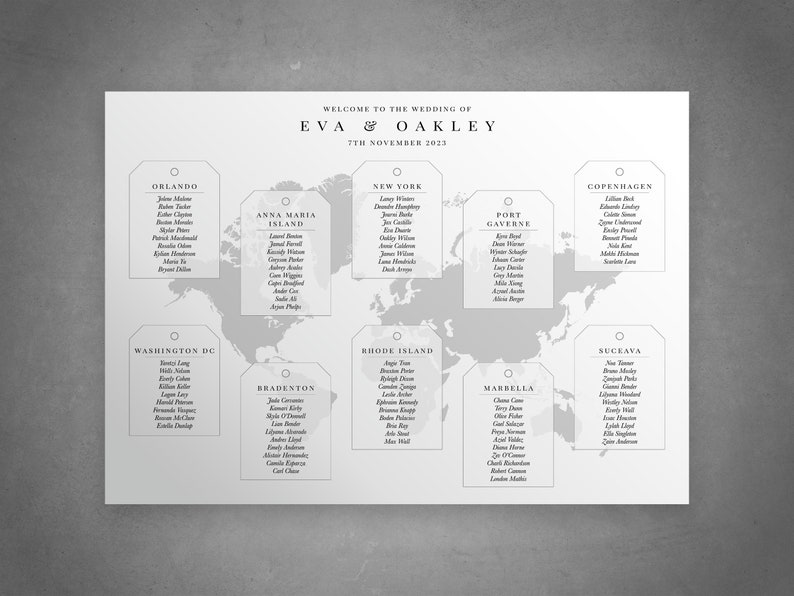 World Map Locations Wedding Seating Plan Sign (A1/A2/PDF), Venue Table ...