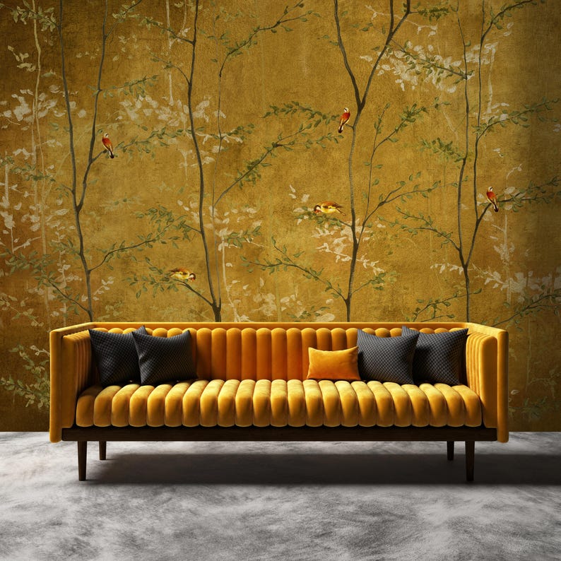 Elegant Gold Chinoiserie Wallpaper | Vintage Bird & Tree Mural | Peel ...