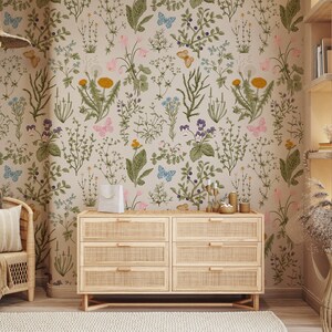Botanical Wallpaper Herbs and Wildflowers Wall Mural Peel and Stick ...