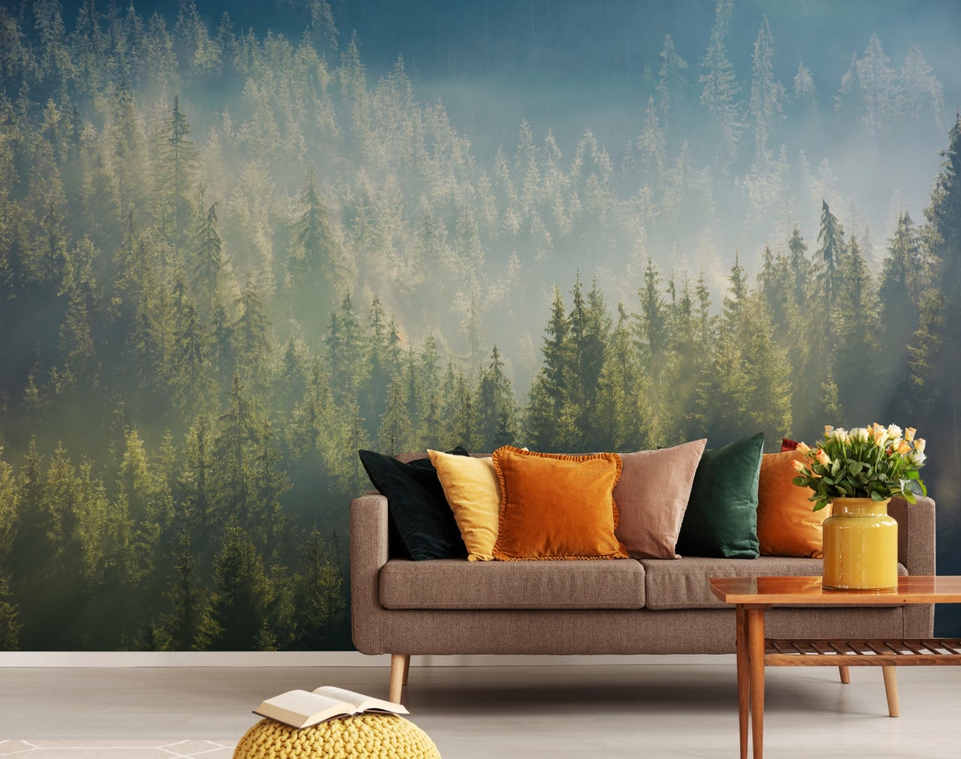 Forest Wallpaper Peel and Stick, Nature Wall Mural, Foggy Forest Mural ...