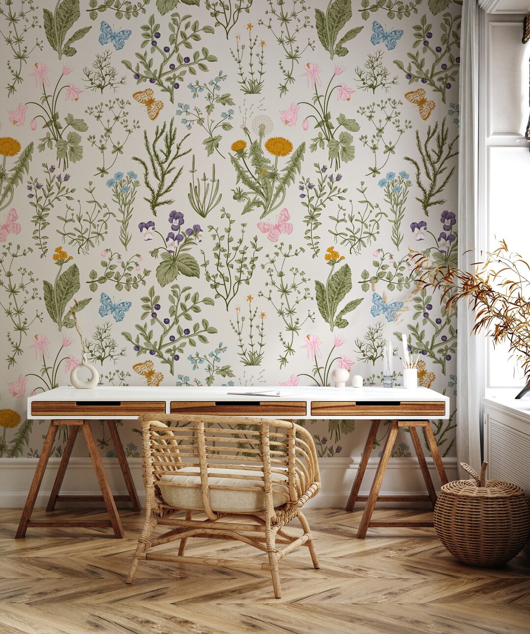 Botanical Wallpaper Herbs and Wildflowers Wall Mural Peel and Stick ...