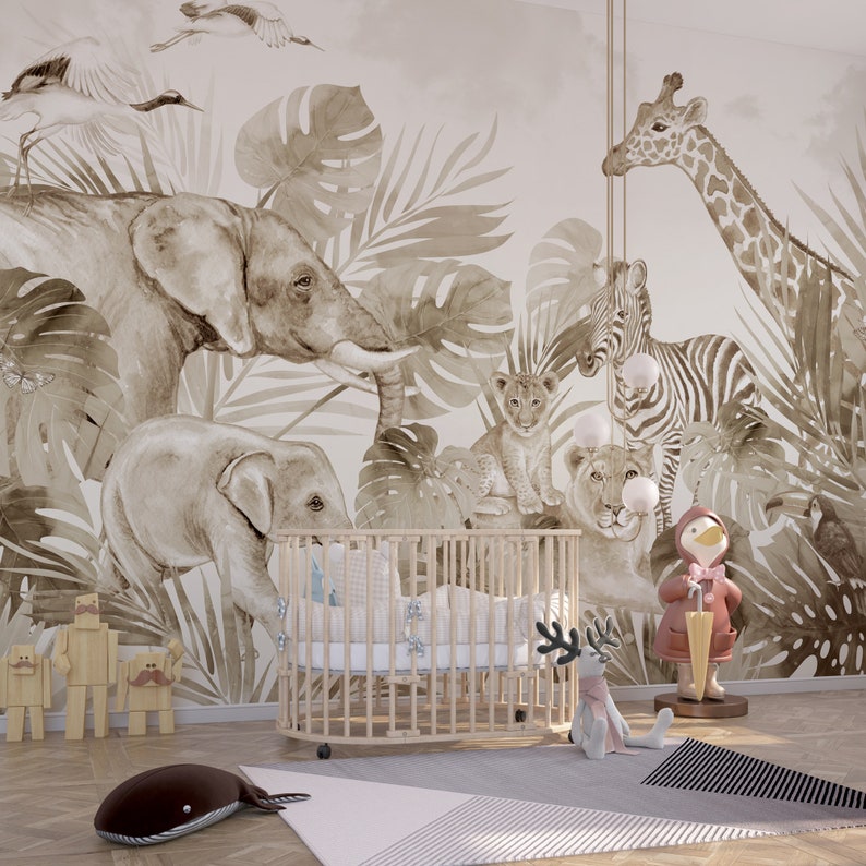 Kids Safari Wallpaper | Gender Neutral Nursery Wall Mural - Etsy