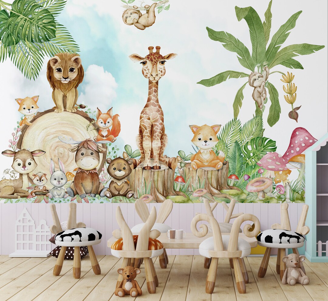 Kids Wallpaper Forest Wall Mural Baby Woodland Animals Wallpaper Kids ...