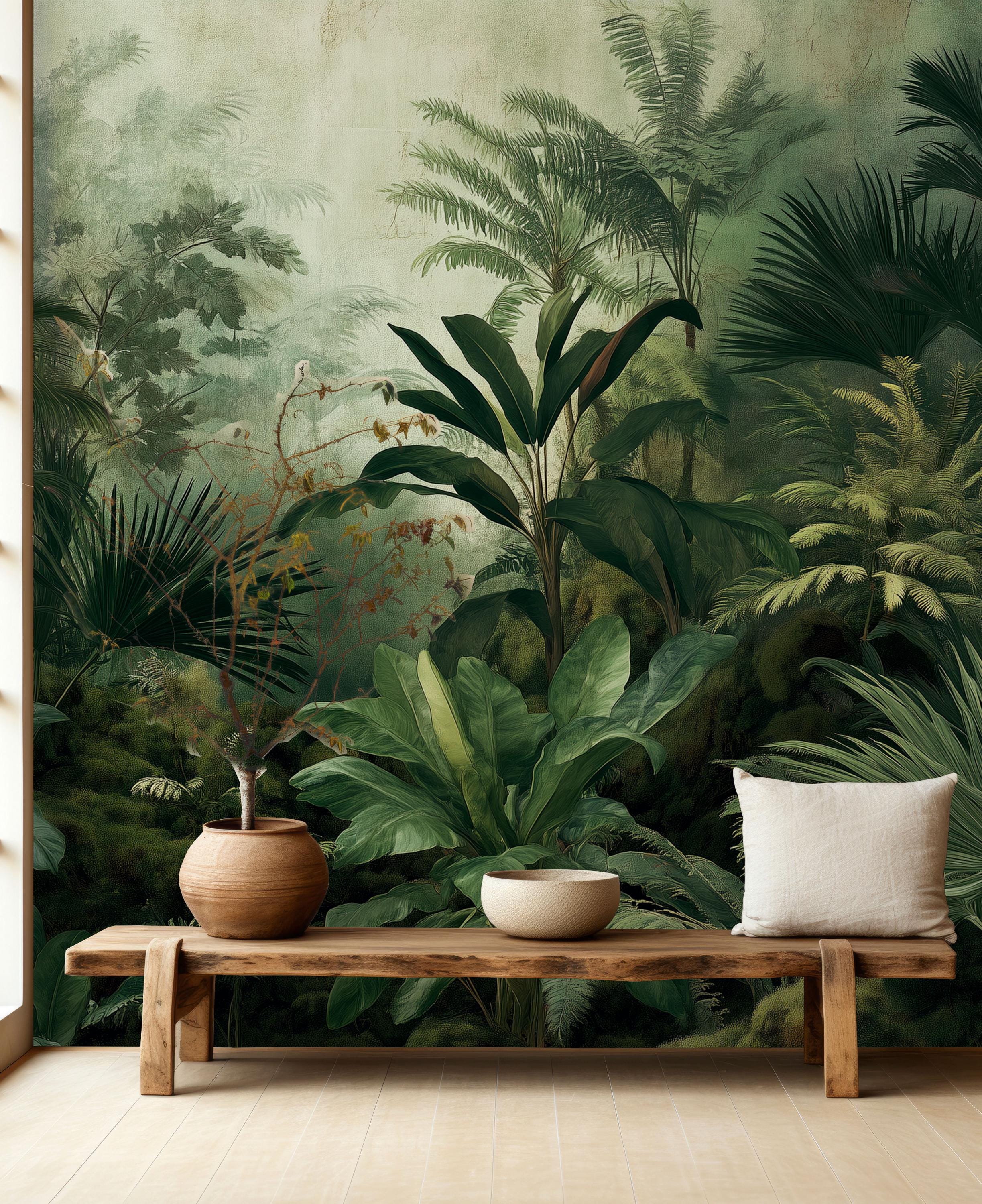 Serene Tropical Greenery Wallpaper | Lush Botanical Jungle Wall Mural ...