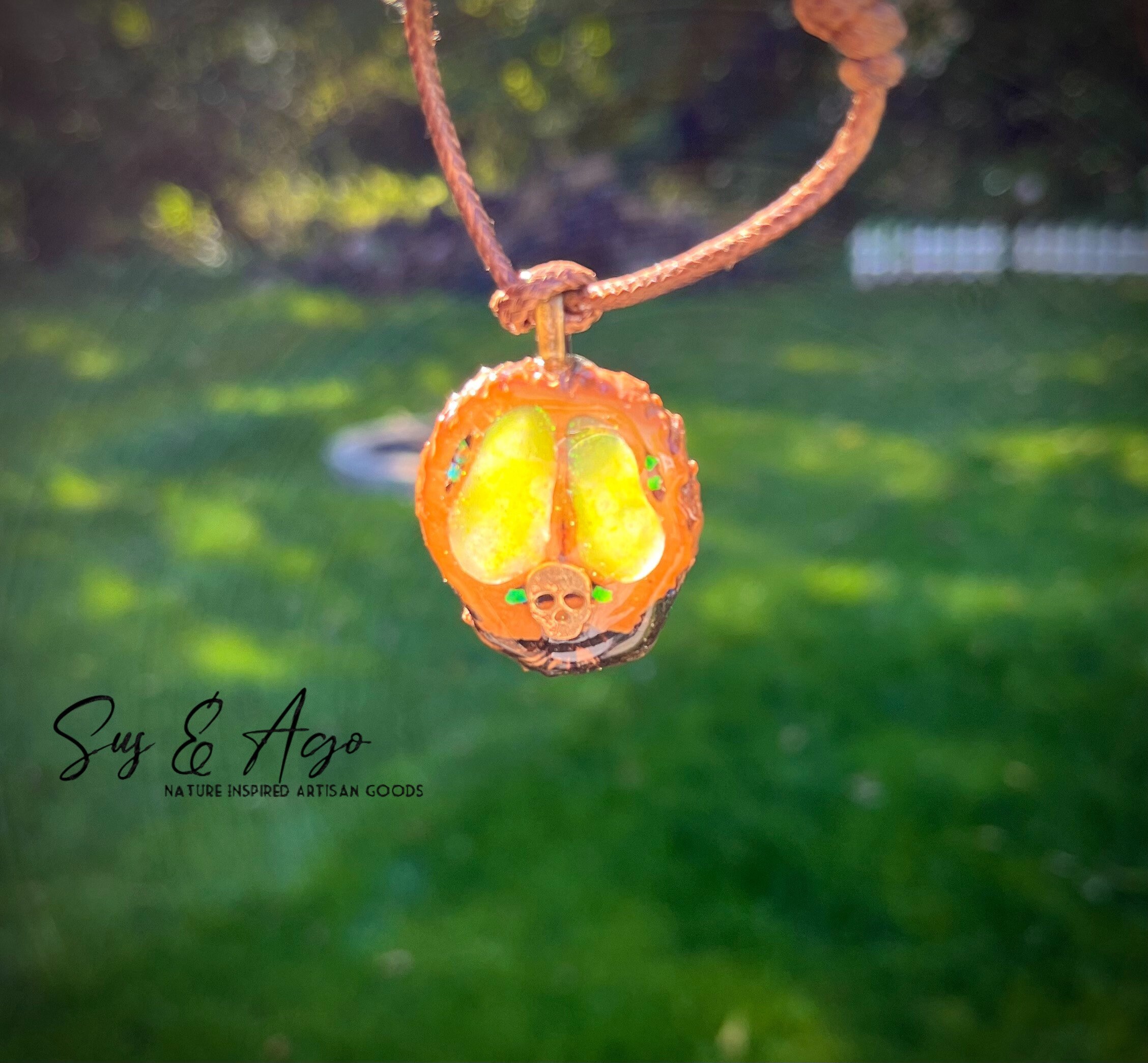 Green Glowing Skull Walnut Nature Jewelry Pendant Fall Halloween ...
