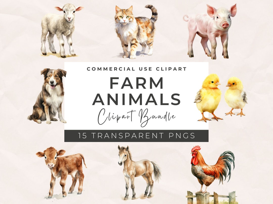 Watercolor Farm Clipart, Cute Animals Pack, Commercial Use, Transparent ...
