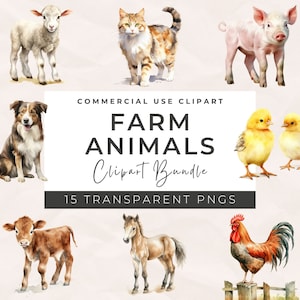 Watercolor Farm Clipart, Cute Animals Pack, Commercial Use, Transparent ...