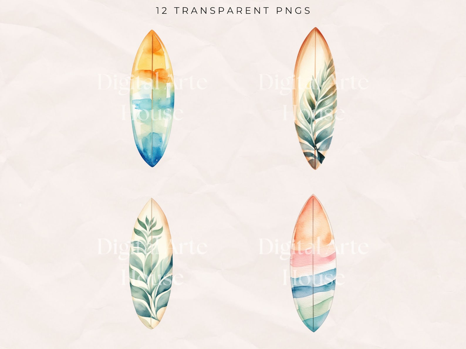 Watercolor Surfboard Clipart Bundle: Beach & Ocean Waves (downloadable ...