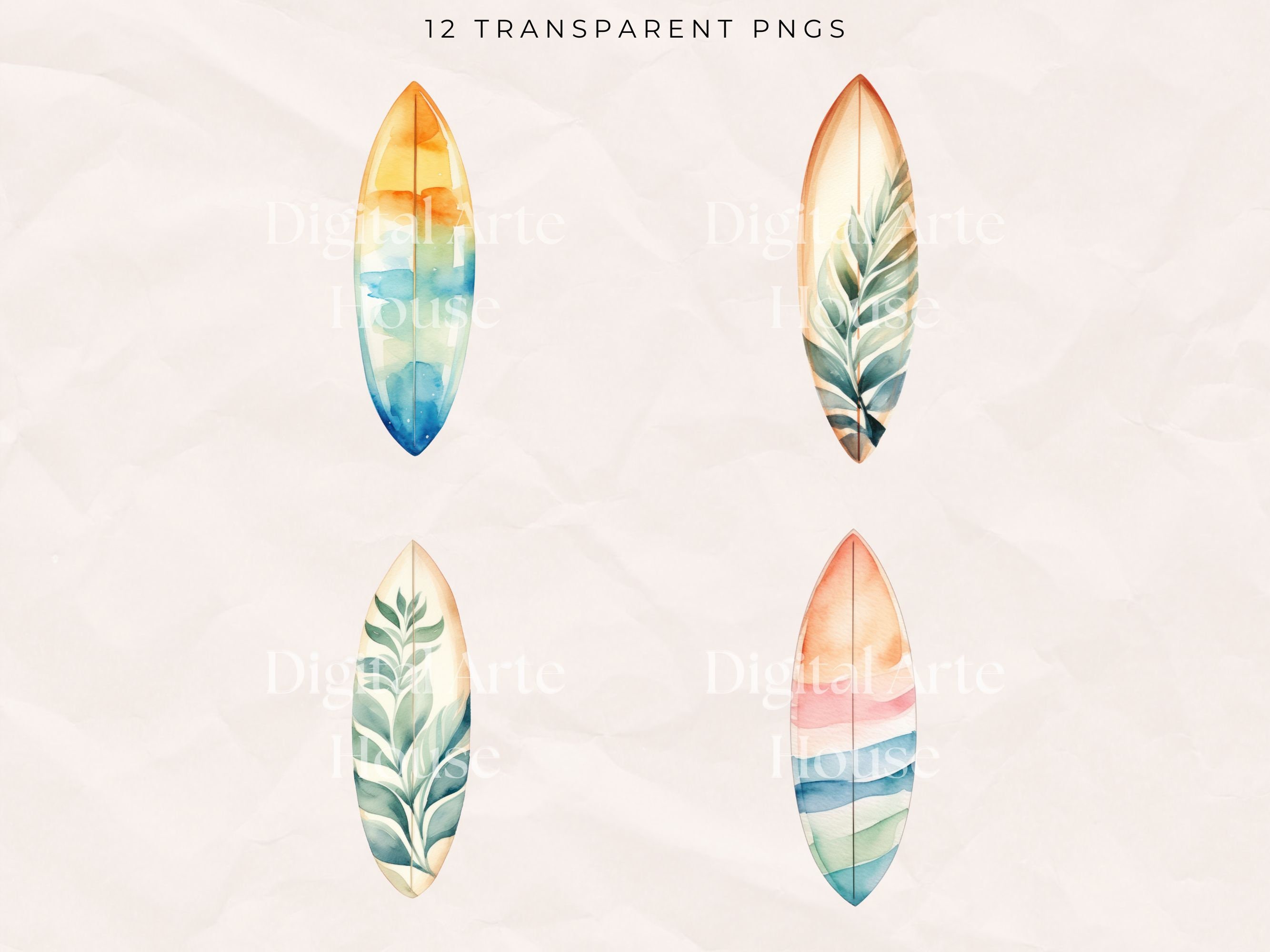 Watercolor Surfboard Clipart Bundle: Beach & Ocean Waves (downloadable ...