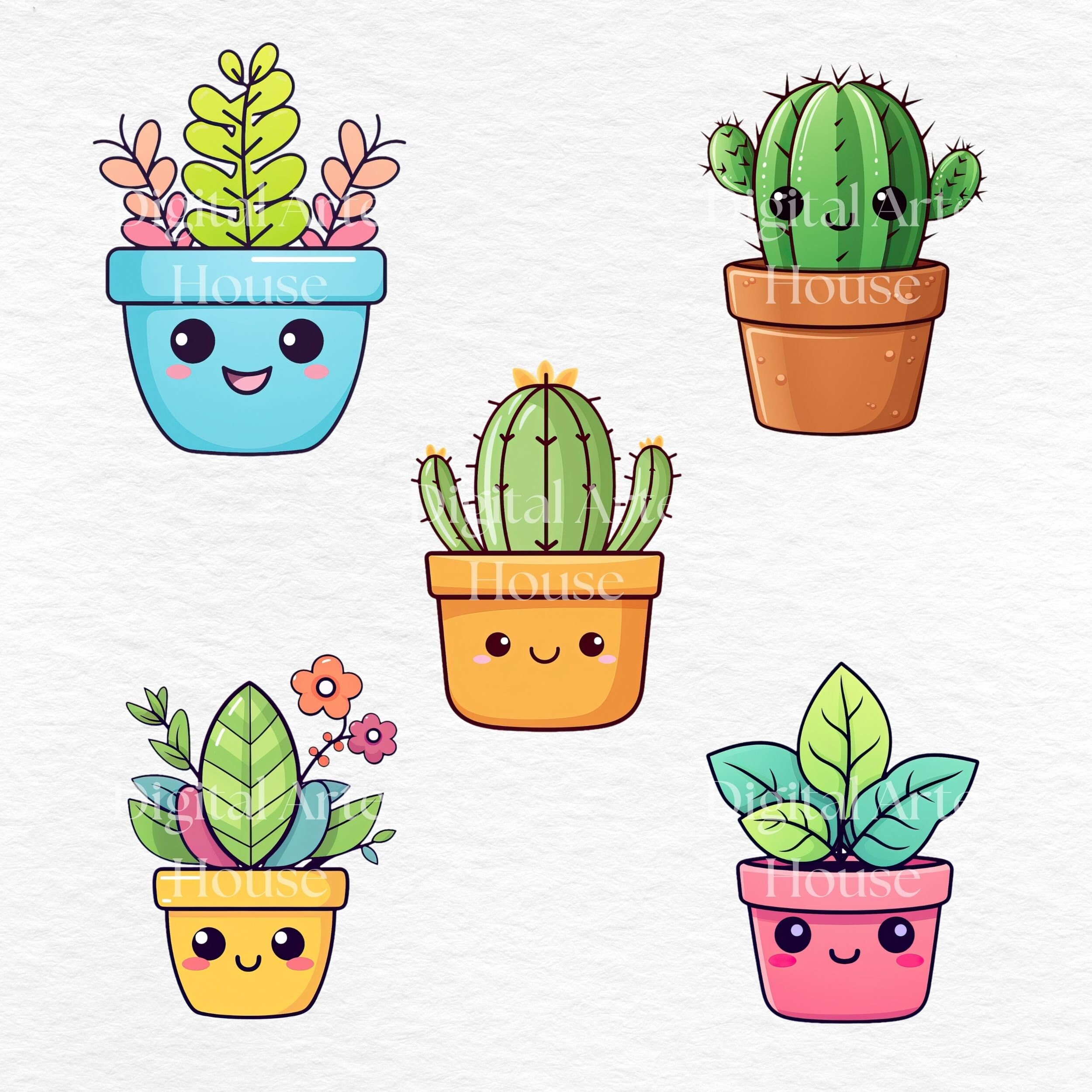 Watercolor Kawaii Plant Clipart: Potted Succulents (PNG Digital ...
