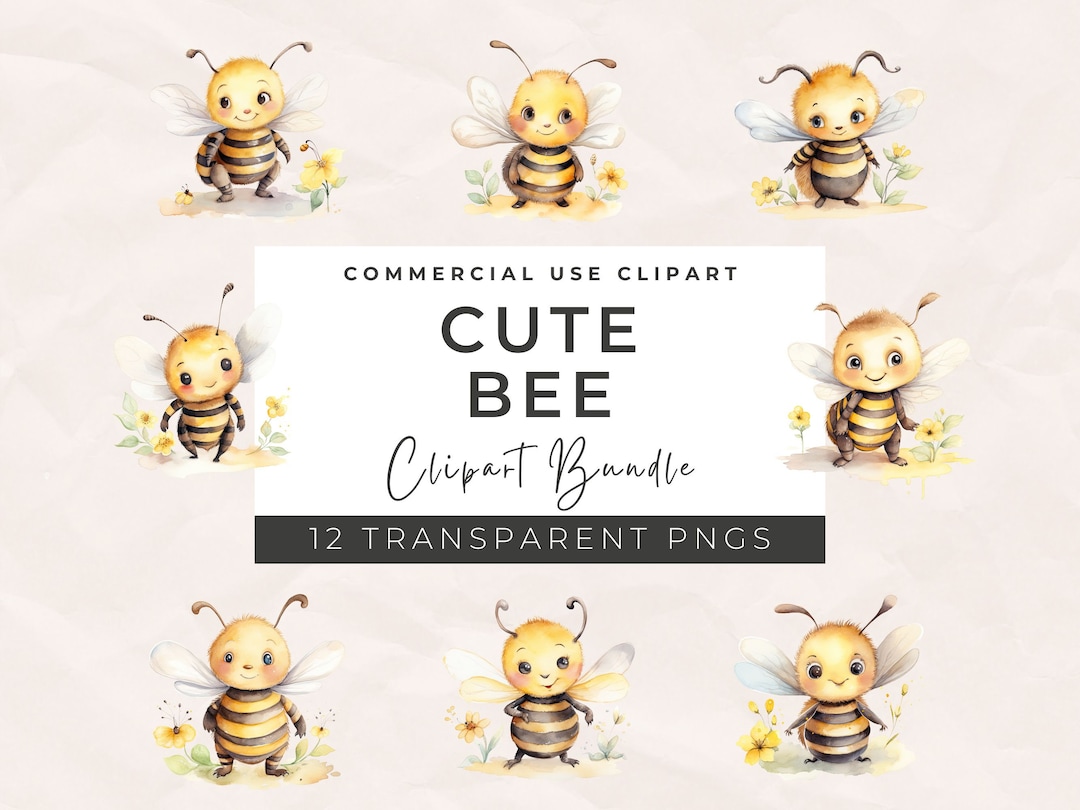 Watercolor Bee Clipart Bundle, Kawaii PNG Graphics, Commercial Use ...