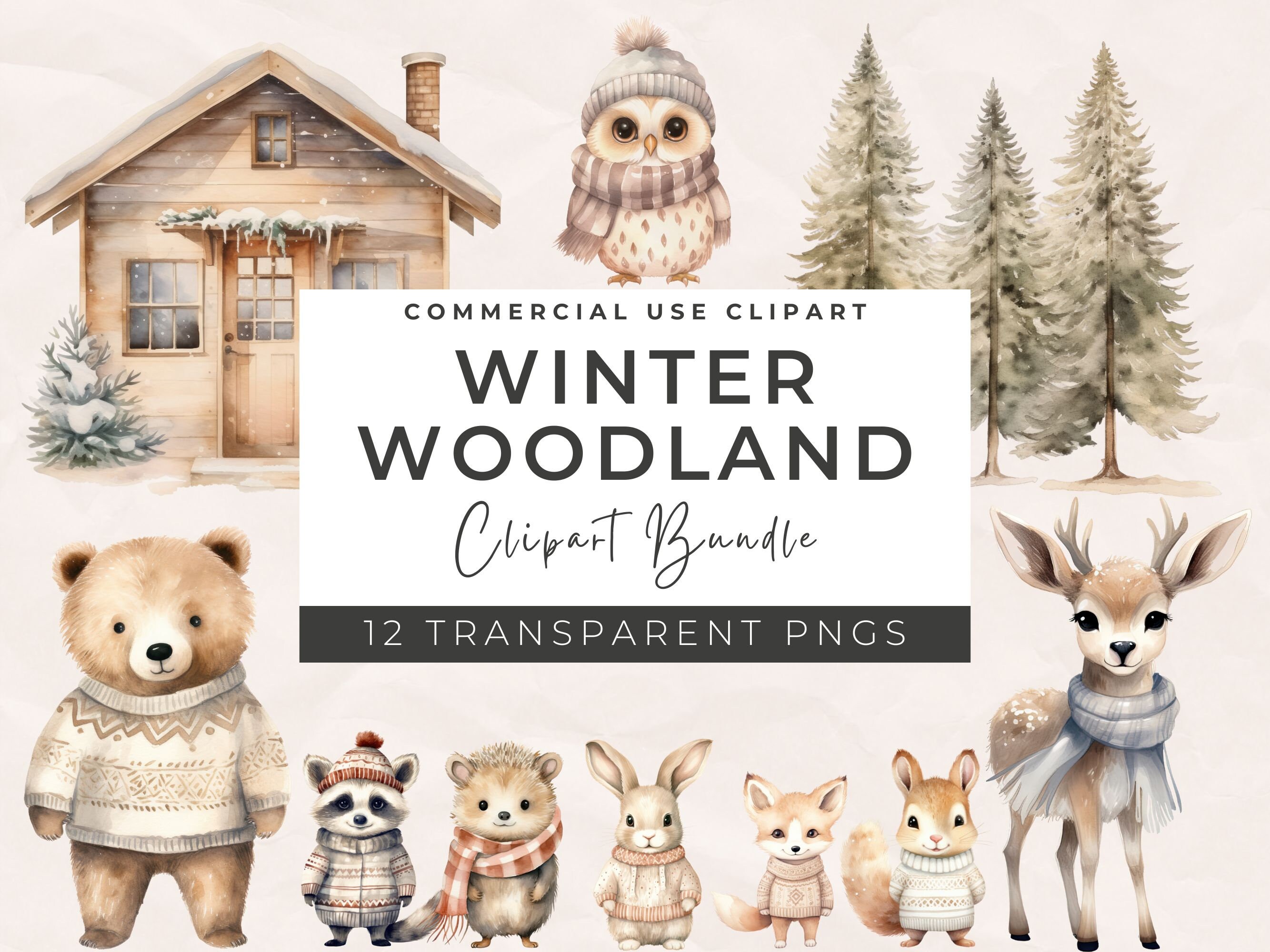 Watercolor Woodland Animal Clipart Winter Clipart, Digital Download ...