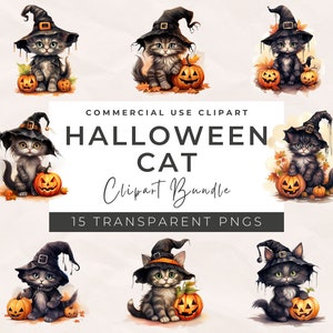 Watercolor Halloween Cat Clipart - Halloween Clipart, Black Cat Clipart ...