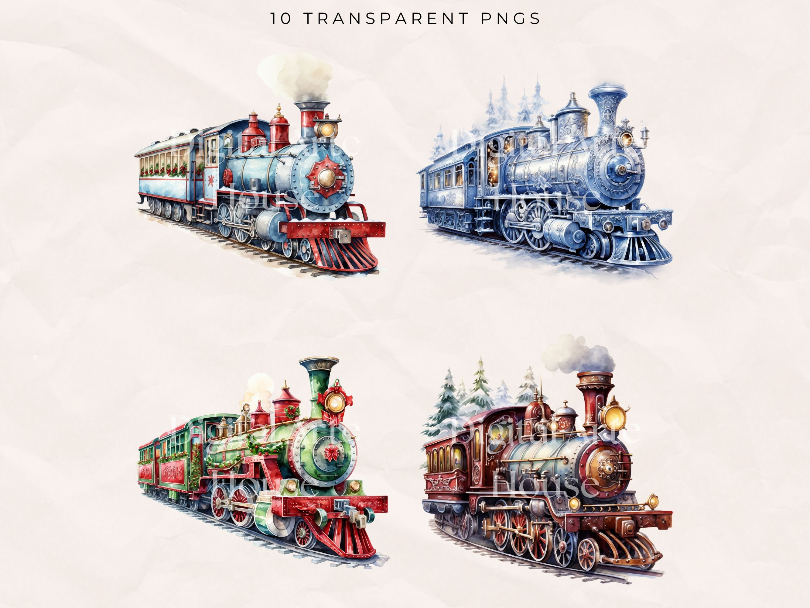 Watercolor Christmas Train Clipart: Holiday PNG Images (digital ...