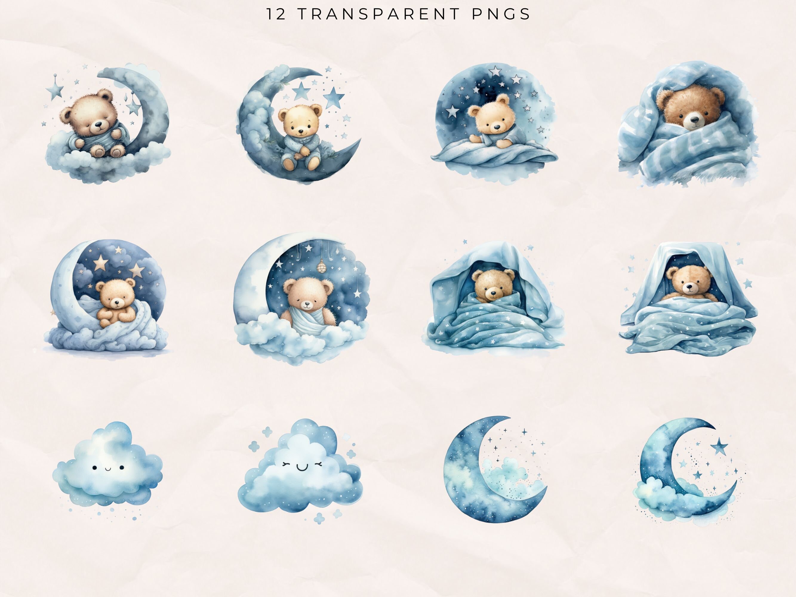 Watercolor Teddy Bear Clipart: Nursery Baby Shower PNG Bundle - Etsy
