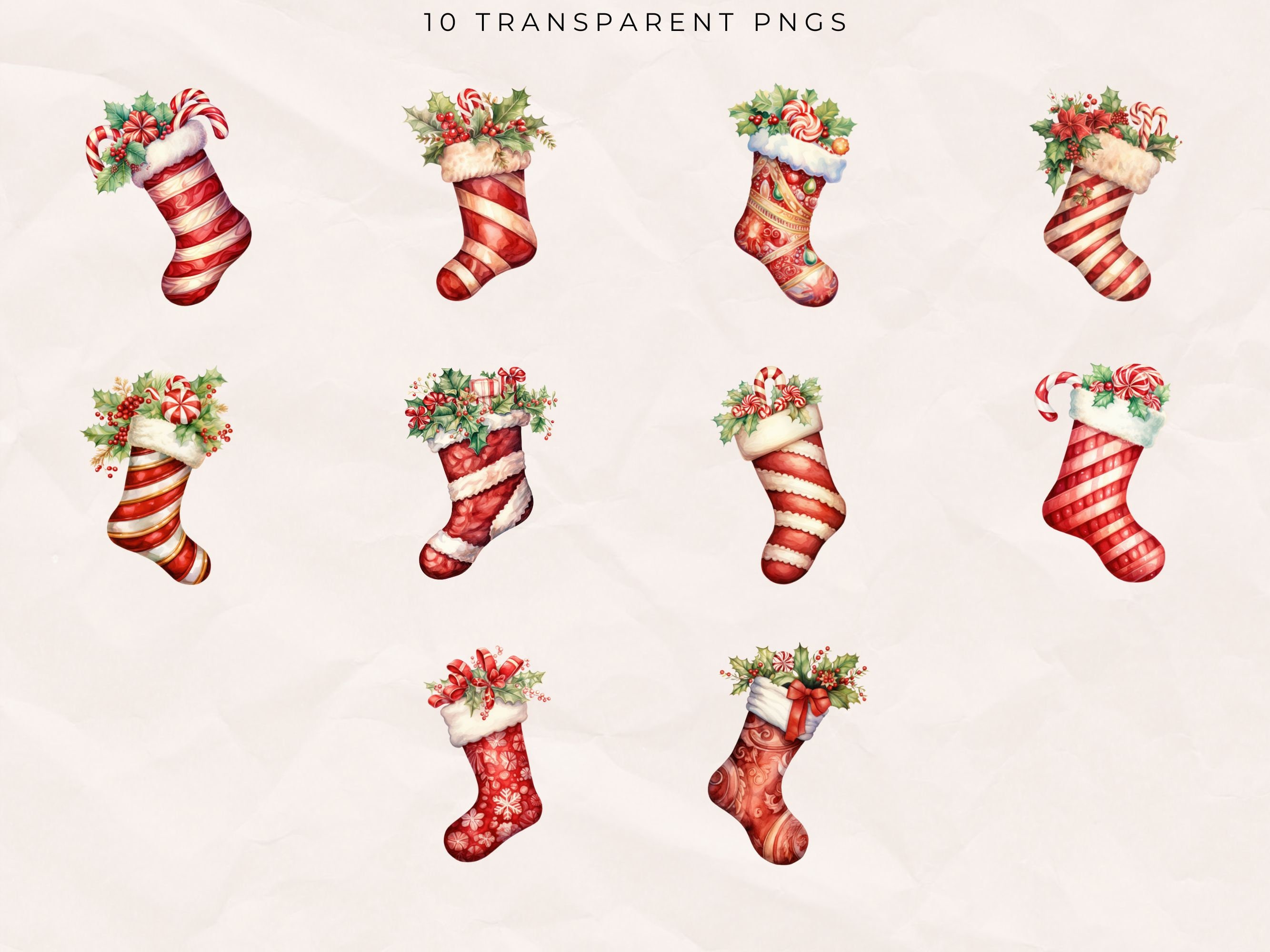 Watercolor Christmas Stocking Clipart Bundle 10 High Quality PNG Files ...