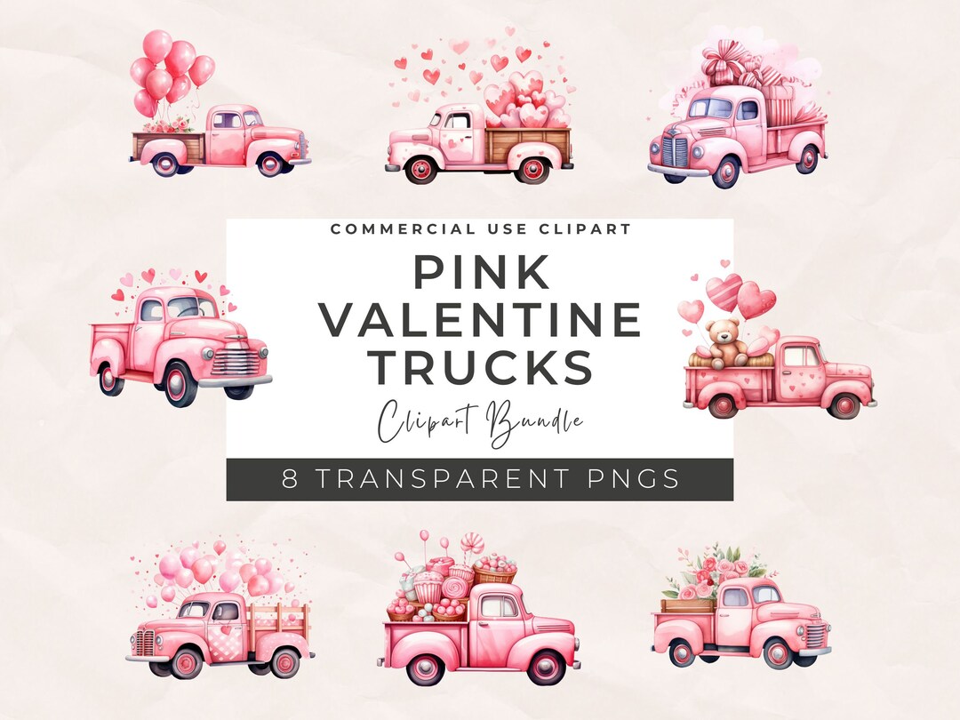 Watercolor Valentine Pink Truck Clipart: PNG Bundle (downloadable) - Etsy