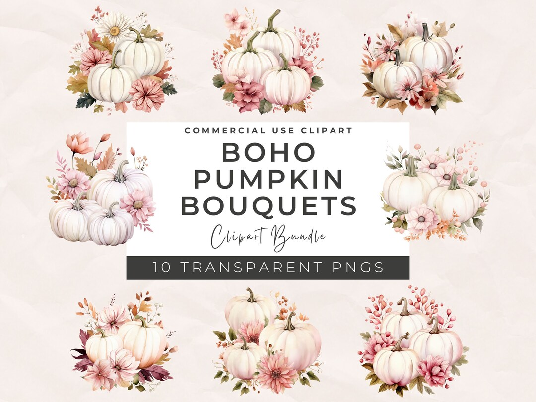 Watercolor Pink Pumpkin Clipart: Boho Floral Bouquets (PNG) - Etsy