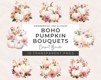 Boho Pumpkin Bouquets Watercolor Clipart, Fall Clipart Digital Download ...
