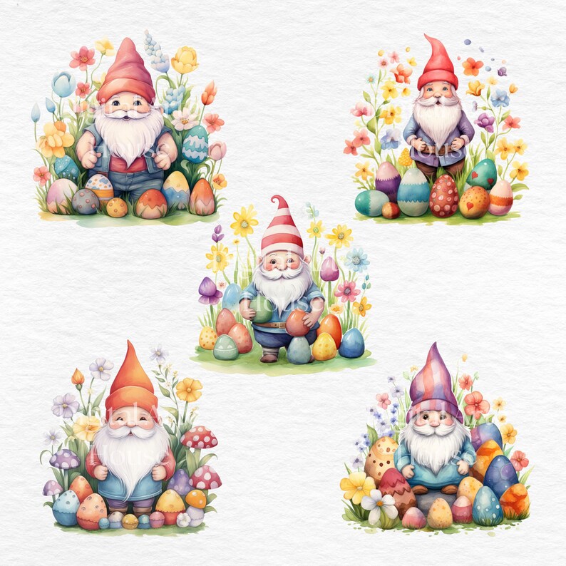Watercolor Easter Gnomes Clipart: Floral Spring PNG Graphics (digital ...