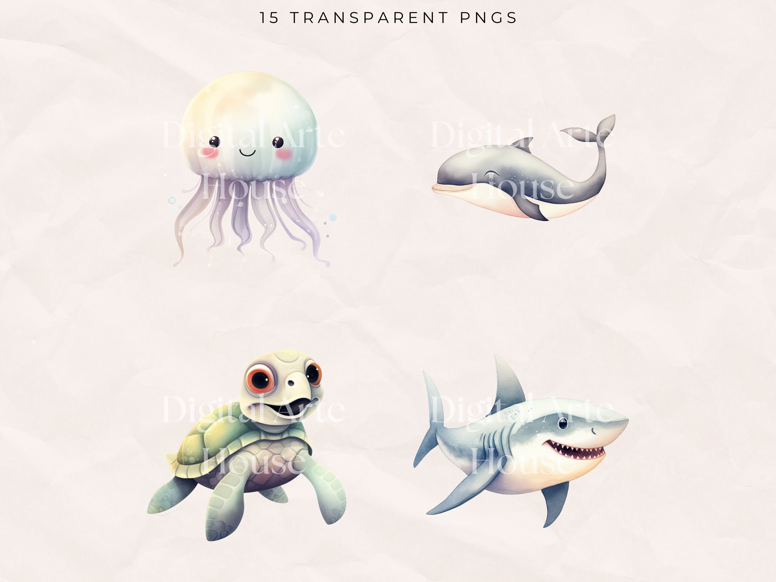 Watercolor Sea Animals Clipart Bundle: PNG Nursery Art (digital ...