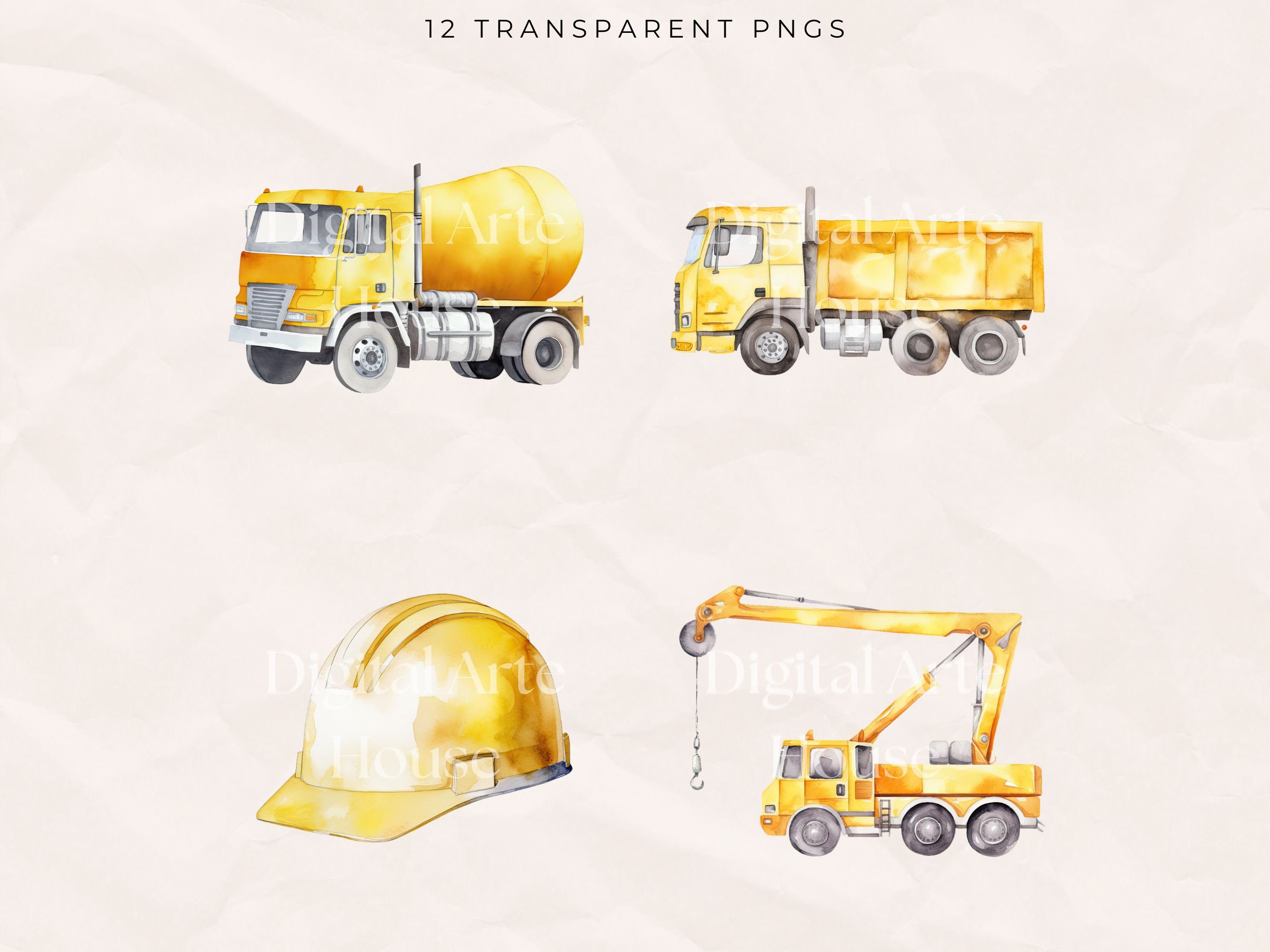 Watercolor Construction Clipart Bundle, Trucks, Digger PNG (commercial ...