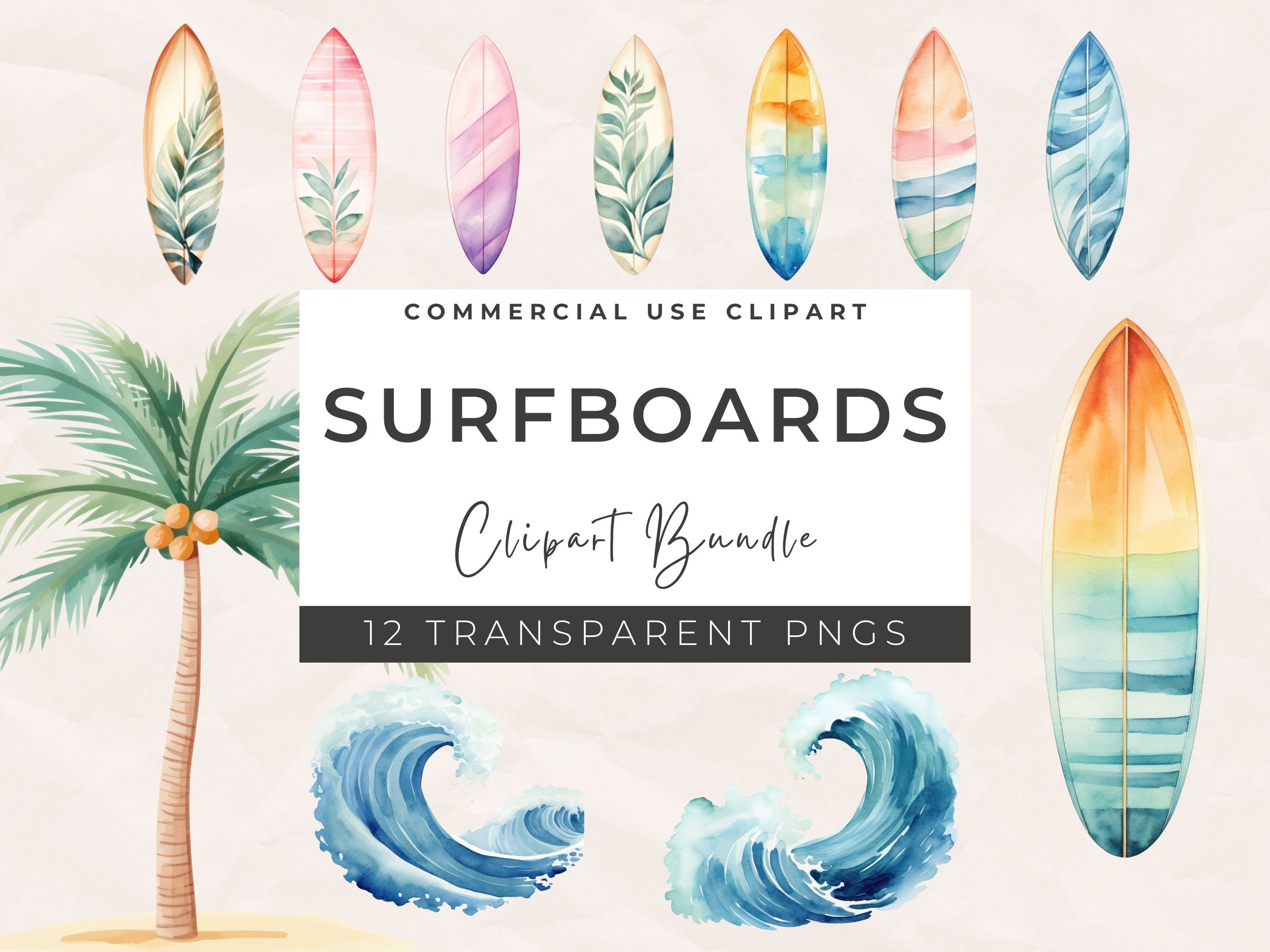 Watercolor Surfboard Clipart Bundle: Beach & Ocean Waves (downloadable ...