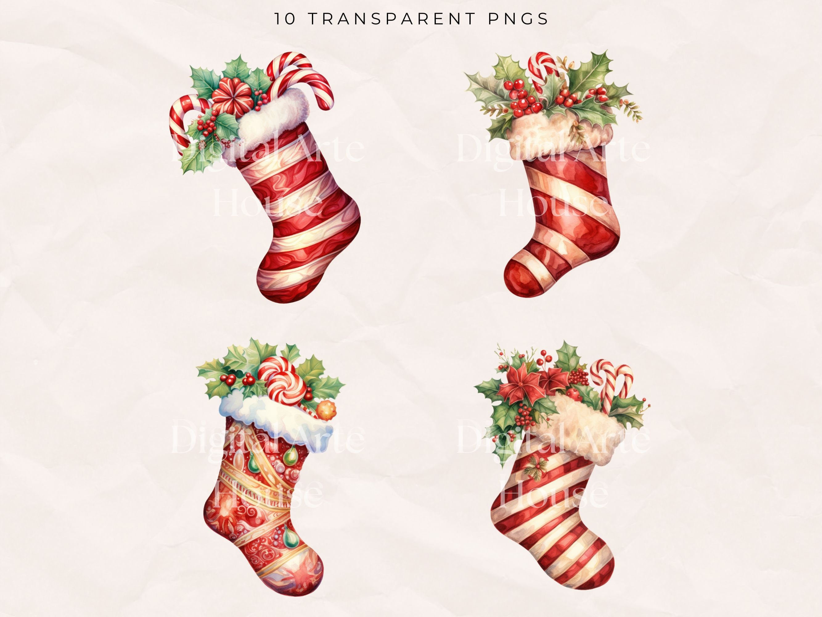 Watercolor Christmas Stocking Clipart Bundle 10 High Quality PNG Files ...