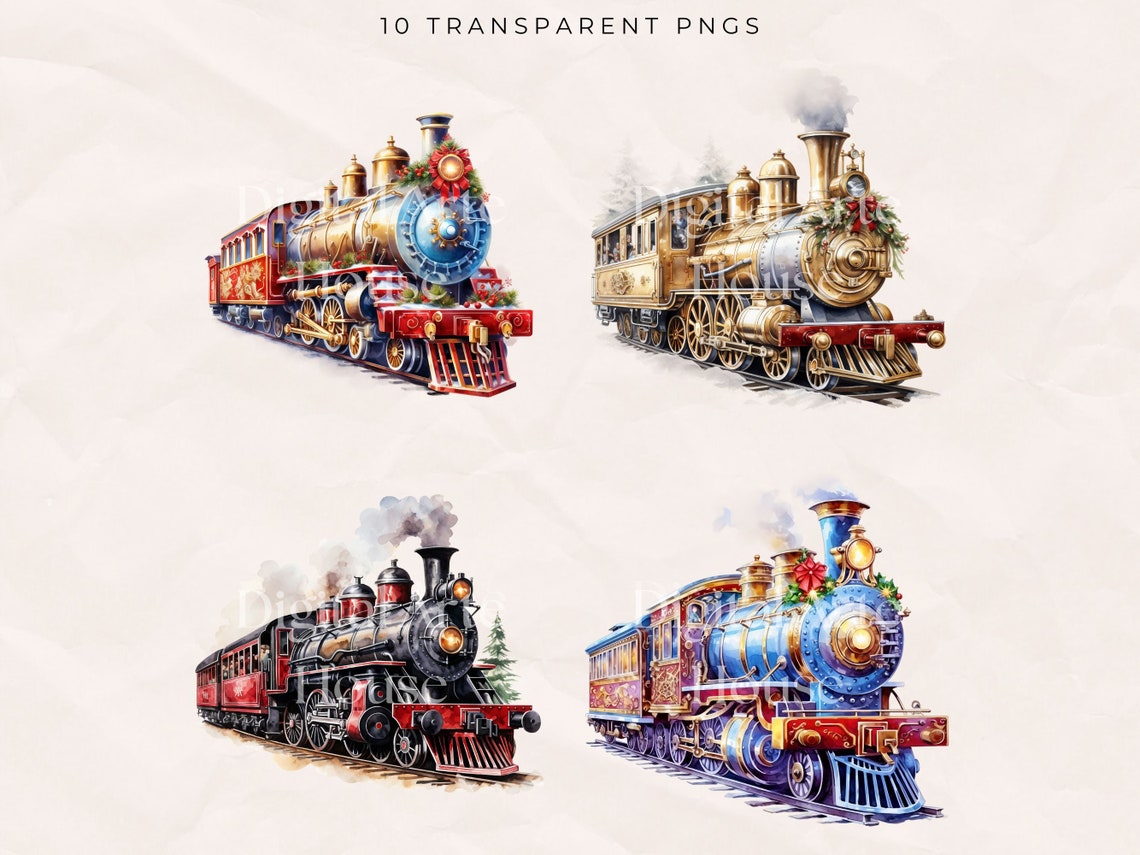 Watercolor Christmas Train Clipart: Holiday PNG Images (digital ...