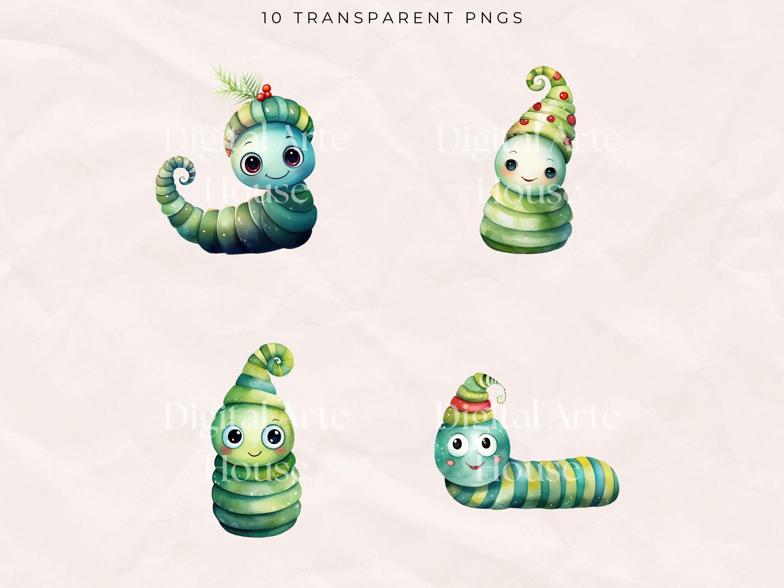 Watercolor Cute Caterpillar Clipart Bundle Christmas PNG - Etsy