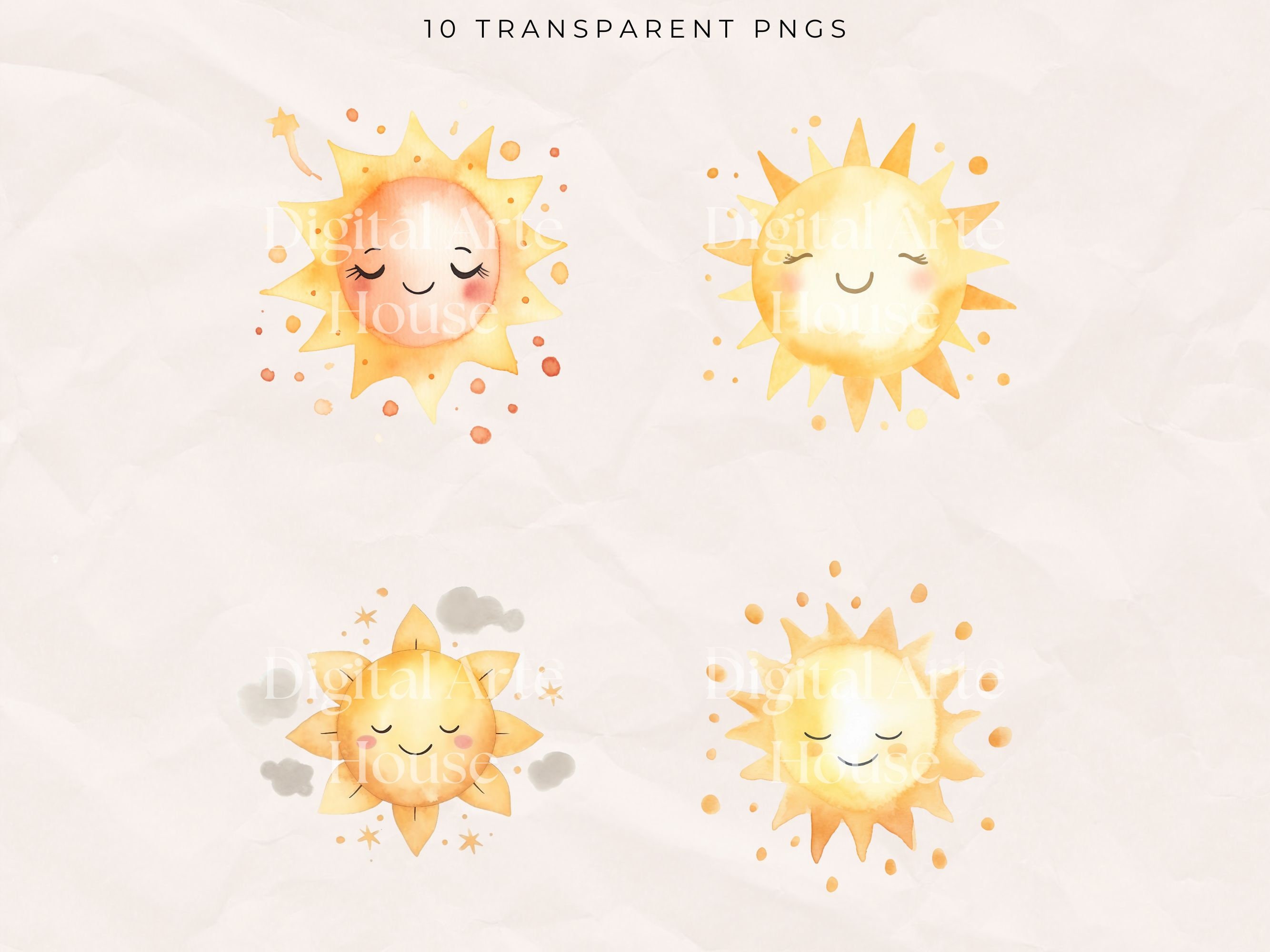 Watercolor Cute Sun Clipart 10 High Quality Pngs, Nursery Art, Digital ...