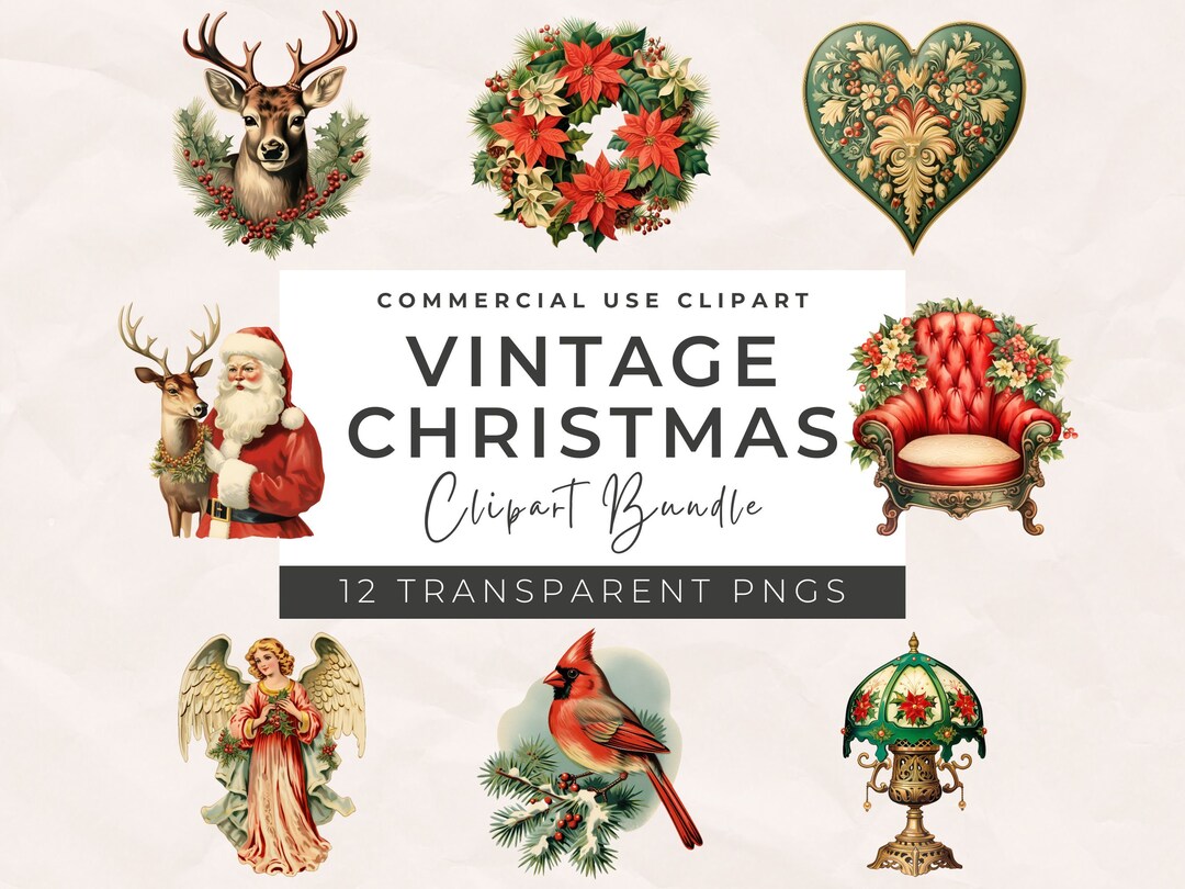 Watercolor Vintage Christmas Clipart Bundle: Retro Holiday PNG (digital ...