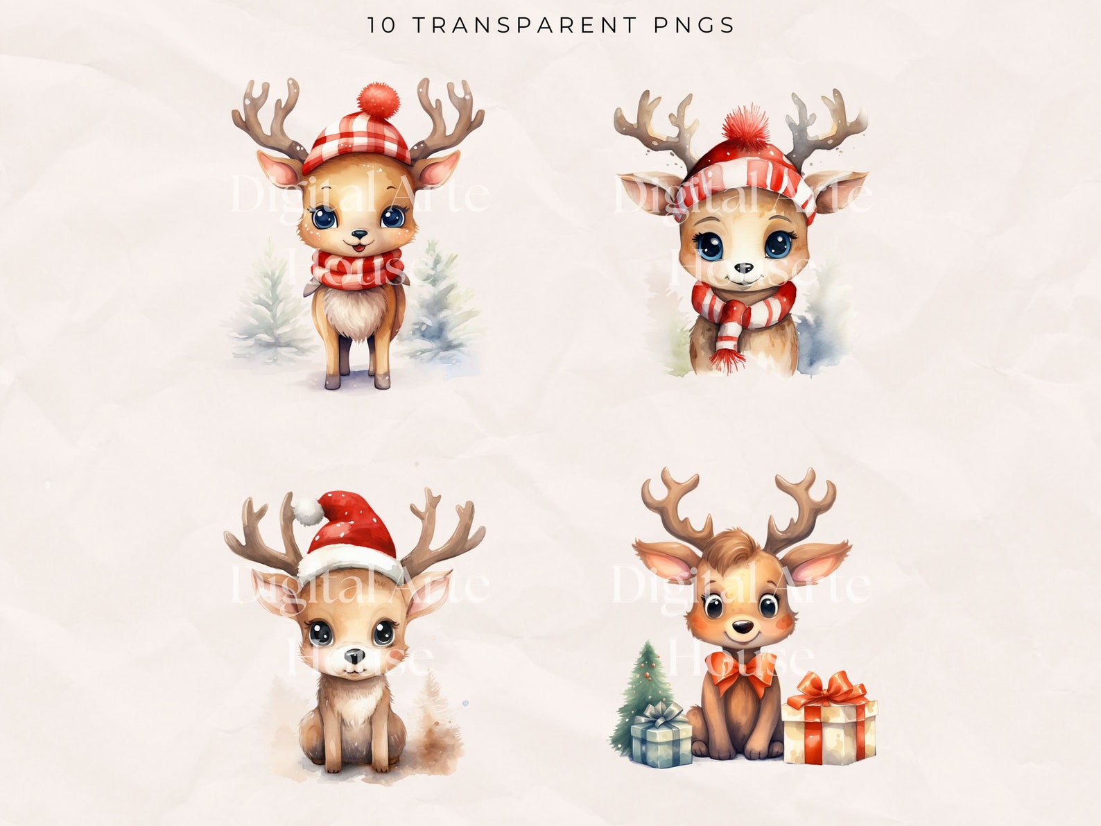Watercolor Reindeer Clipart - Cute Reindeer PNG Santa's Reindeer ...