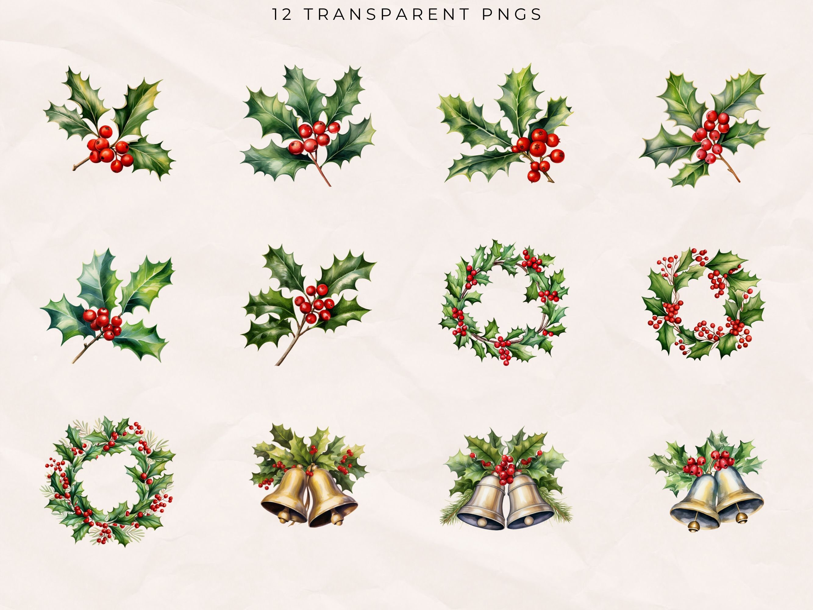 Watercolor Christmas Holly Clipart: PNG Botanical Bundle (commercial ...