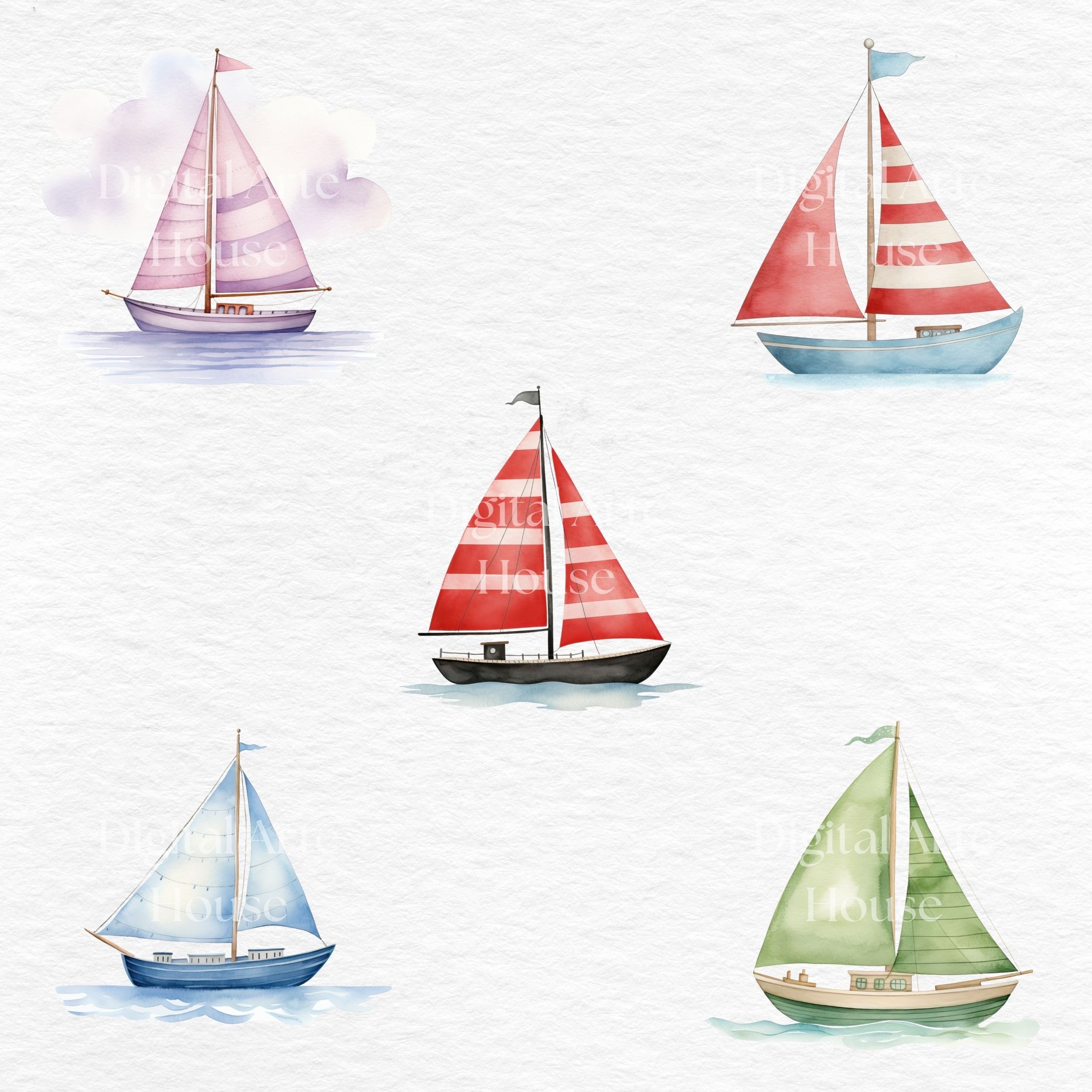 Watercolor Sailboats Clipart: Nautical PNG Graphics (digital Download ...