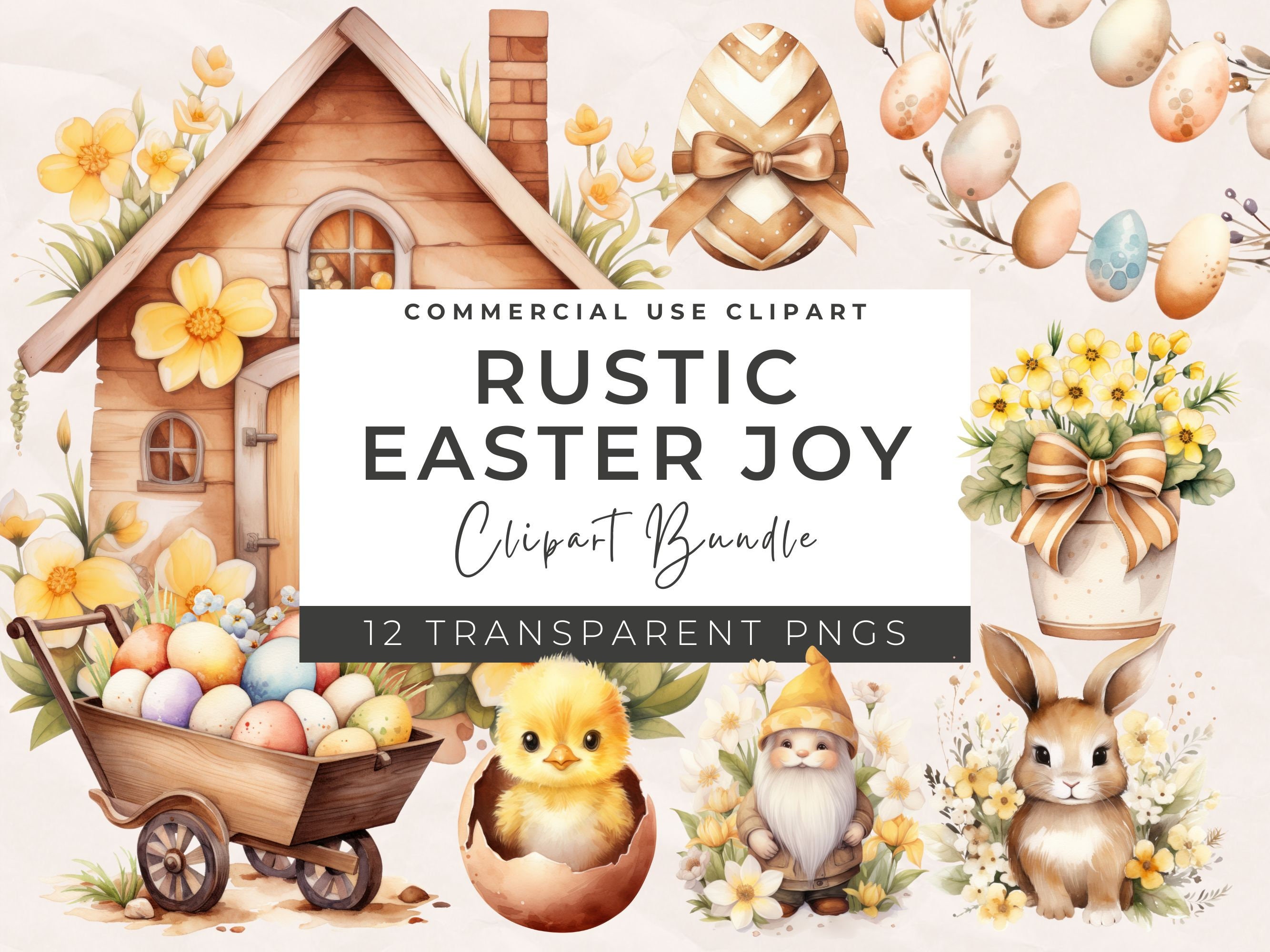 Country Rustic Easter Clipart Bundle Watercolor Easter PNG Set, Easter ...