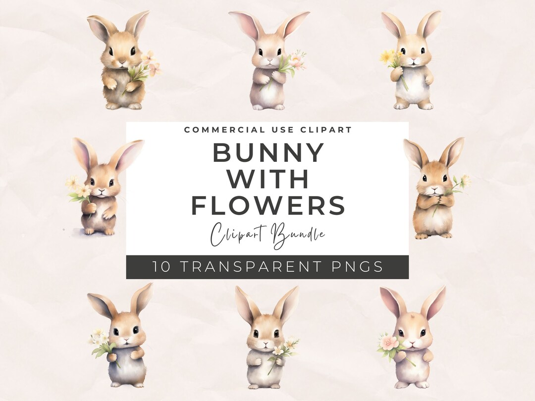Watercolor Bunny With Flowers Clipart Bundle, Watercolorbunny, Clipart ...
