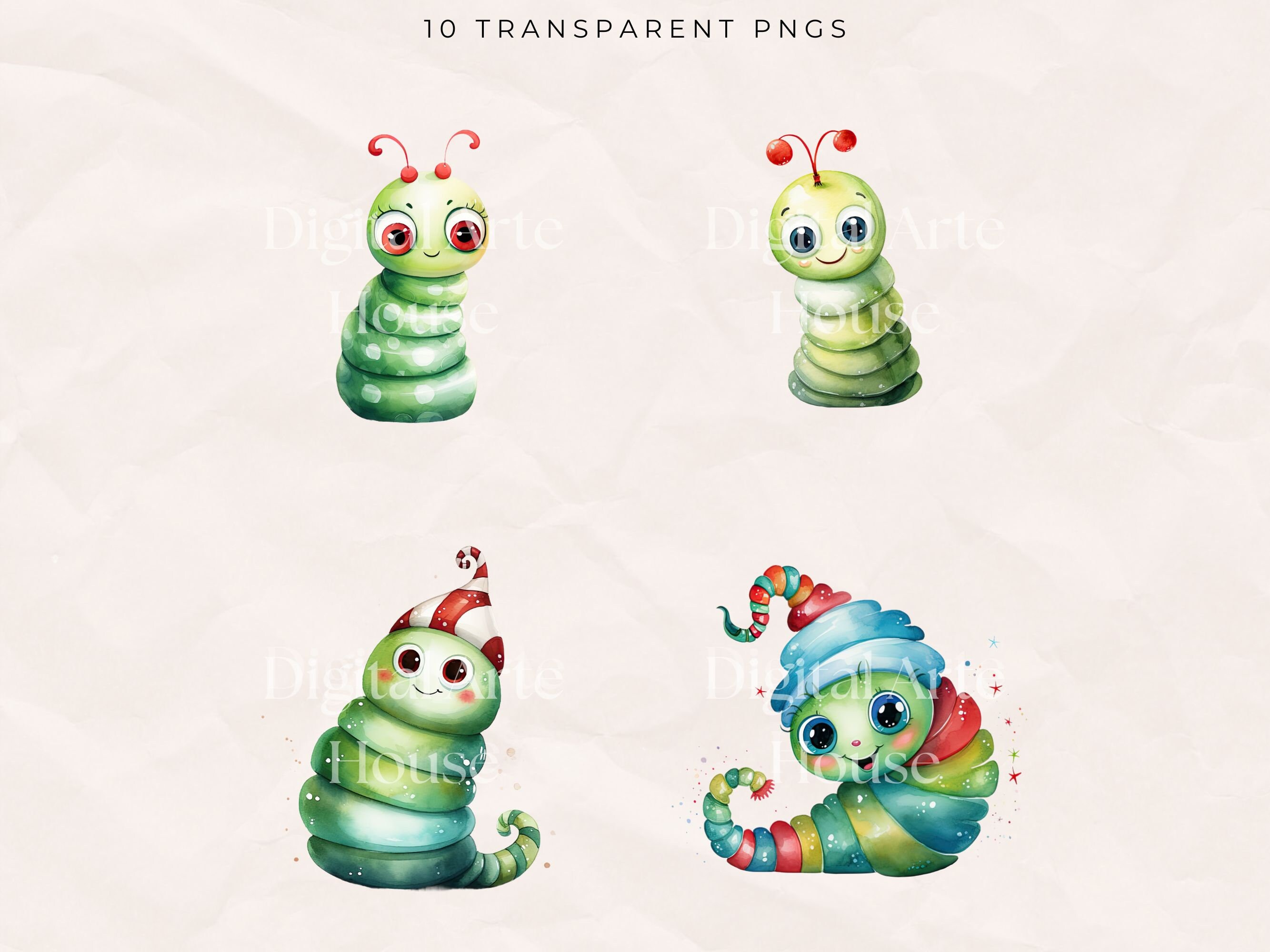 Watercolor Cute Caterpillar Clipart Bundle Christmas PNG - Etsy