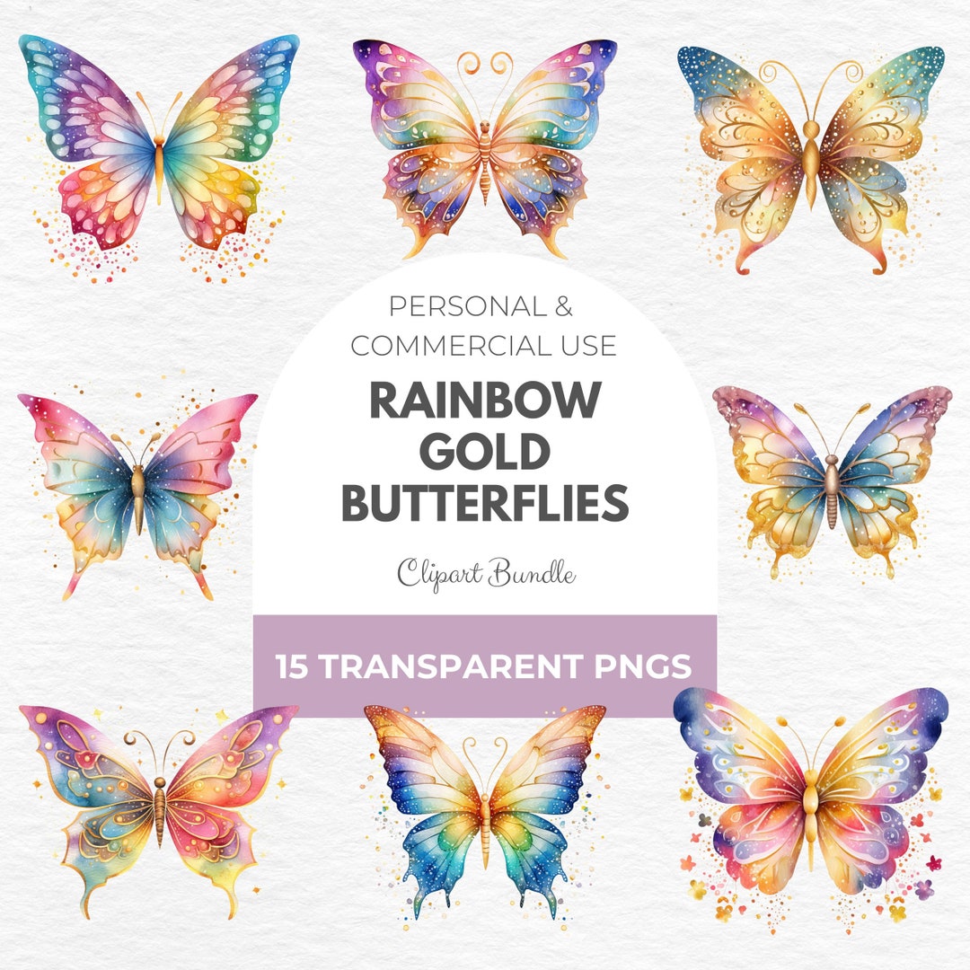 Watercolor Rainbow Gold Butterfly Clipart: PNG Graphics (downloadable ...