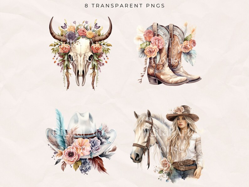 Watercolor Western Clip Art Bundle, Cowgirl Clip Art, Western PNG ...