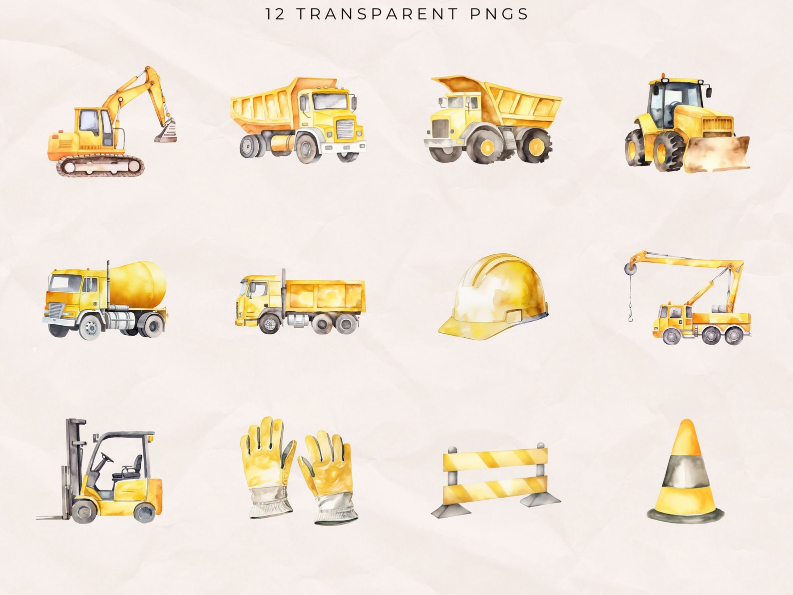 Watercolor Construction Clipart Bundle, Trucks, Digger PNG (commercial ...