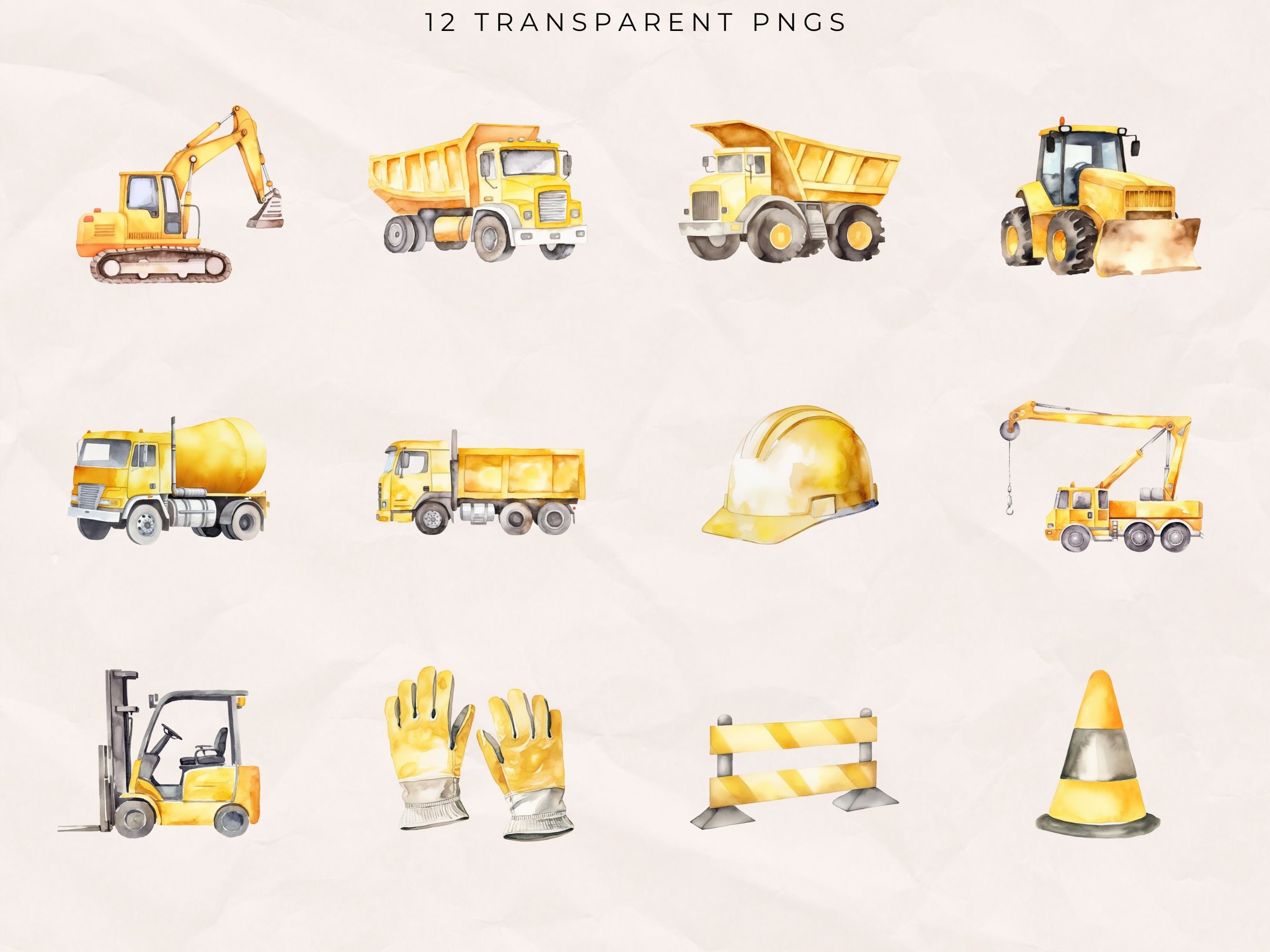 Watercolor Construction Clipart Bundle, Trucks, Digger PNG (commercial ...