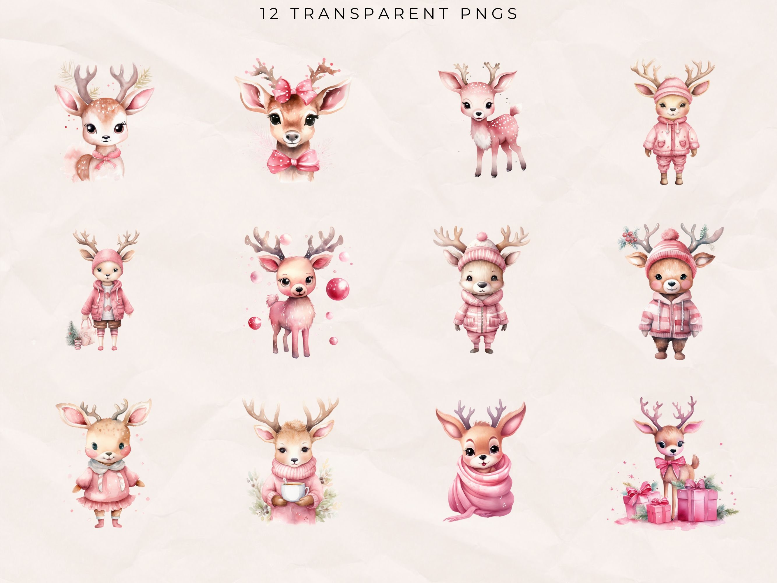 Christmas Cute Reindeer Clipart Bundle Watercolor Deer, Pink Christmas ...