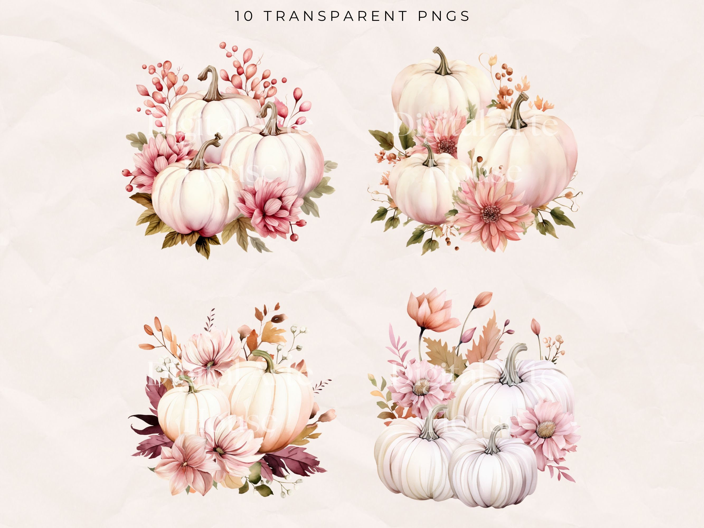 Watercolor Pink Pumpkin Clipart: Boho Floral Bouquets (PNG) - Etsy