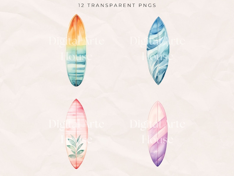 Watercolor Surfboard Clipart Bundle: Beach & Ocean Waves (downloadable ...