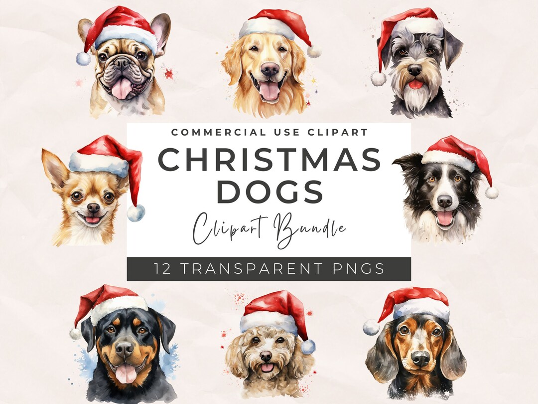 Christmas Dog Clipart, Watercolor Dog Clipart, Santa Clipart, Dog ...