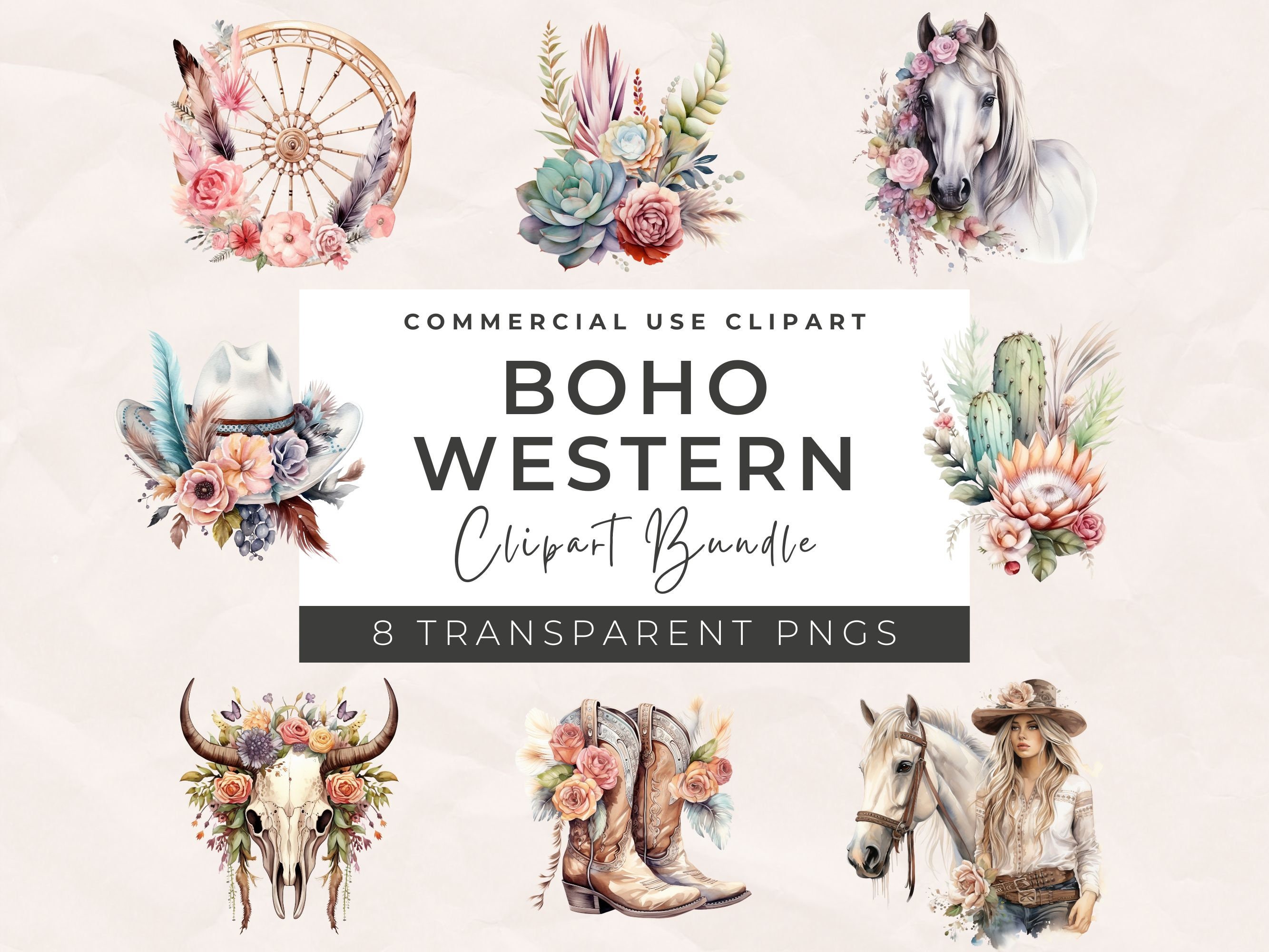 Watercolor Western Clip Art Bundle, Cowgirl Clip Art, Western PNG ...