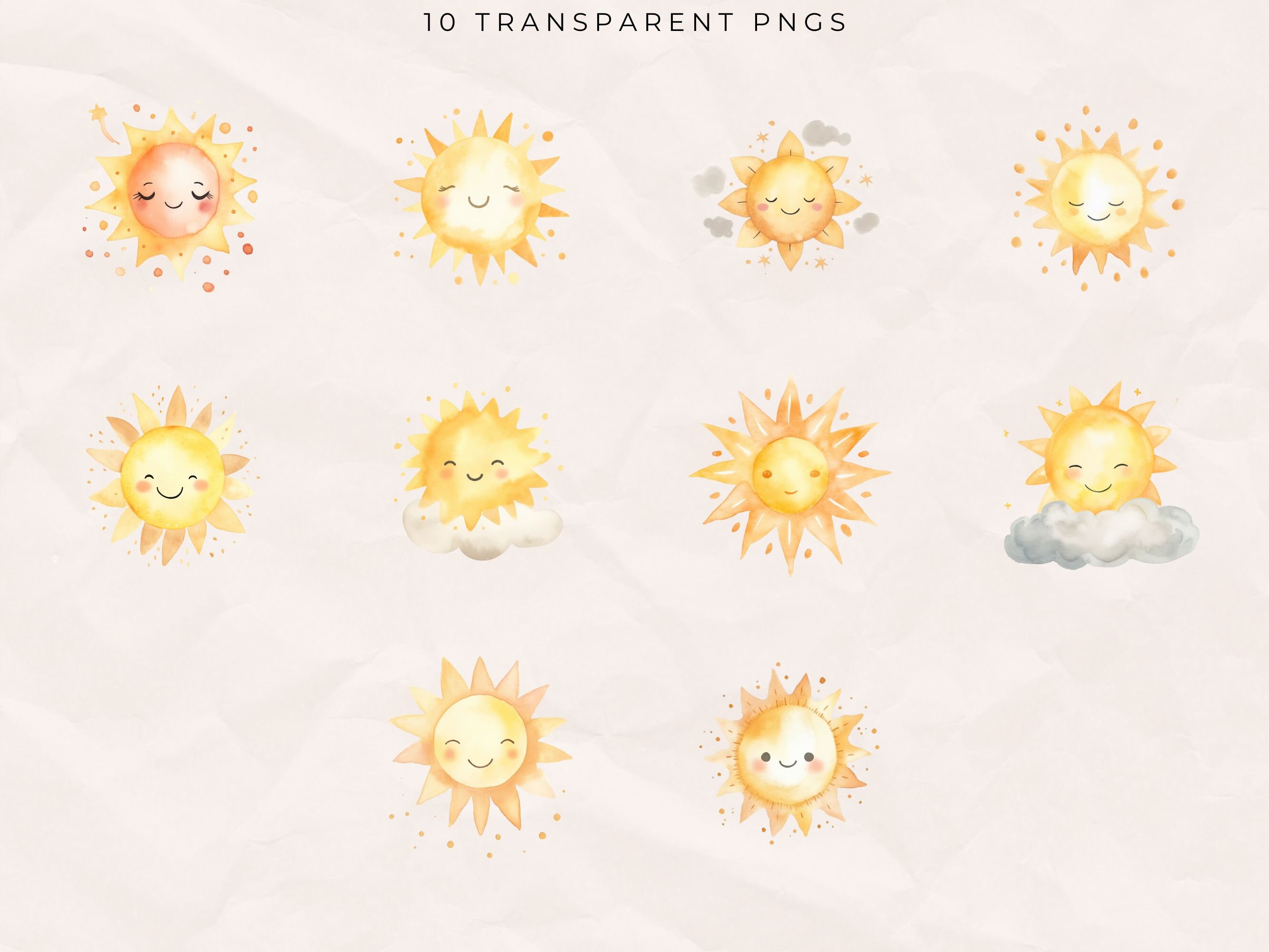 Watercolor Cute Sun Clipart 10 High Quality Pngs, Nursery Art, Digital ...