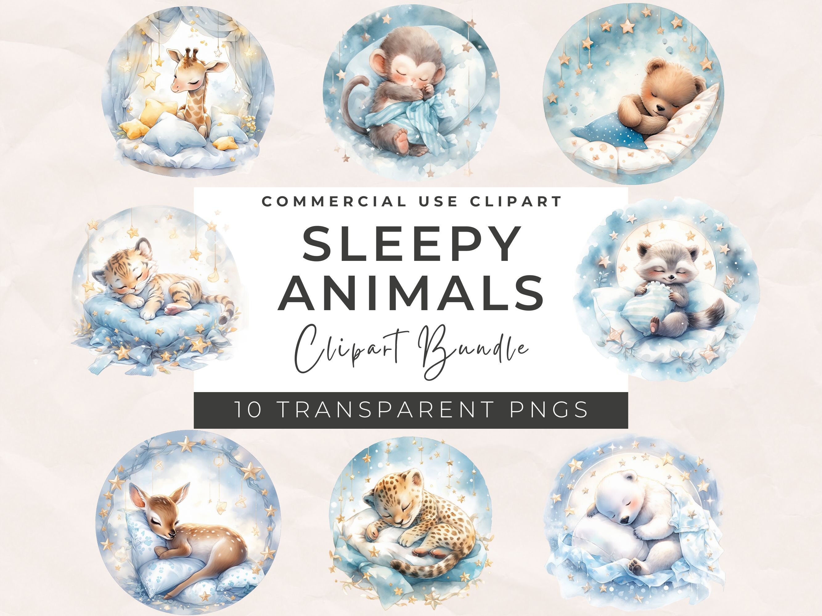 Watercolor Sleeping Baby Animals Nursery Animals PNG, Printable Sleepy ...